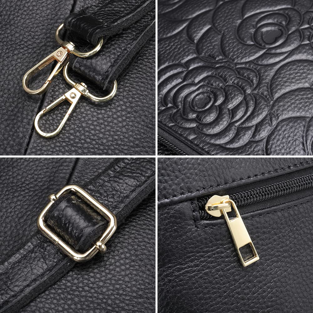 Aslana Floral-Embossed Genuine Leather Shoulder Crossbody Bag Handbag for Women (Floral-Embossed Black)