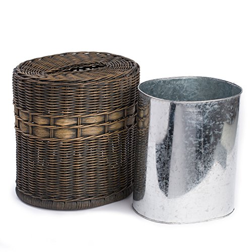 The Basket Lady Drop-in Oval Wicker Waste Basket with Removable Metal Liner, Antique Walnut Brown, 12" L x 9.5" W x 12" H