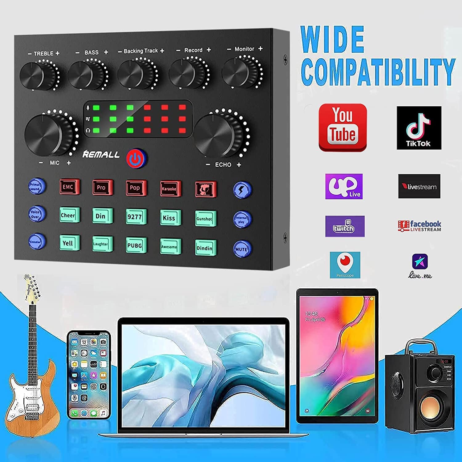 Audio Interface DJ Mixer Sound Card V8，Remall Podcast Equipment Bundle Studio Guitar Voice Changer Live Streaming Recording Gaming Broadcast PC Phone