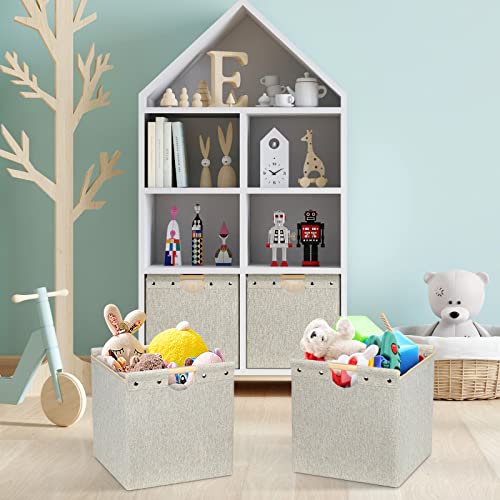 Posprica 13x13in Collapsible Storage Bins, 4 Pack Fabric Foldable Cube Storage Bins with Wooden Carry Handles, Decorative Storage Baskets for Bathroom Organizer, Shelves, Closet, Nursery, Toy -Beige