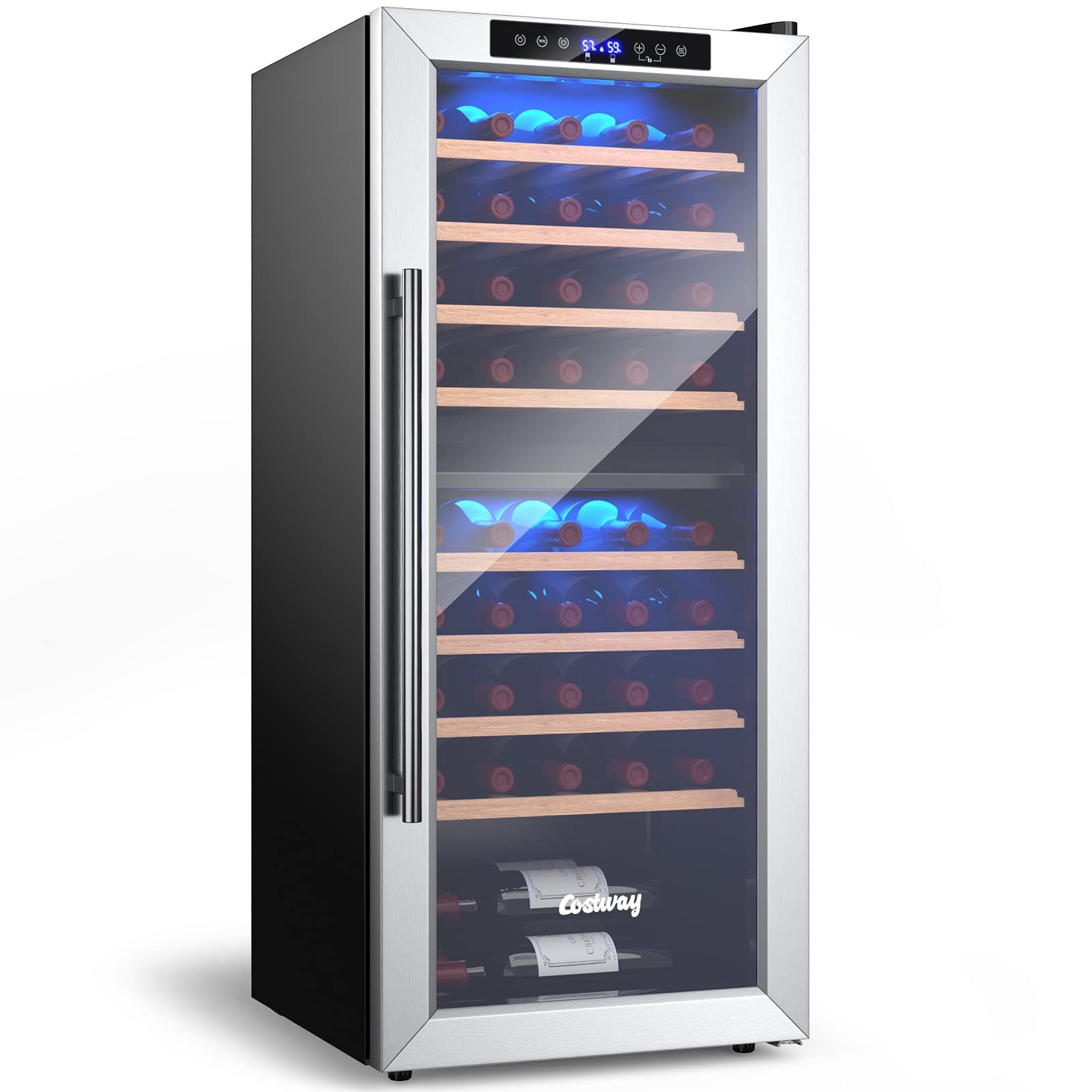 COSTWAY 20-Inch Wine Cooler Refrigerator, 43 Bottles Dual Zone Wine Cellar with 8 Wooden Shelves, Tempered Glass Door, Built-in or Freestanding Mini Wine Fridge for Home Office Bar