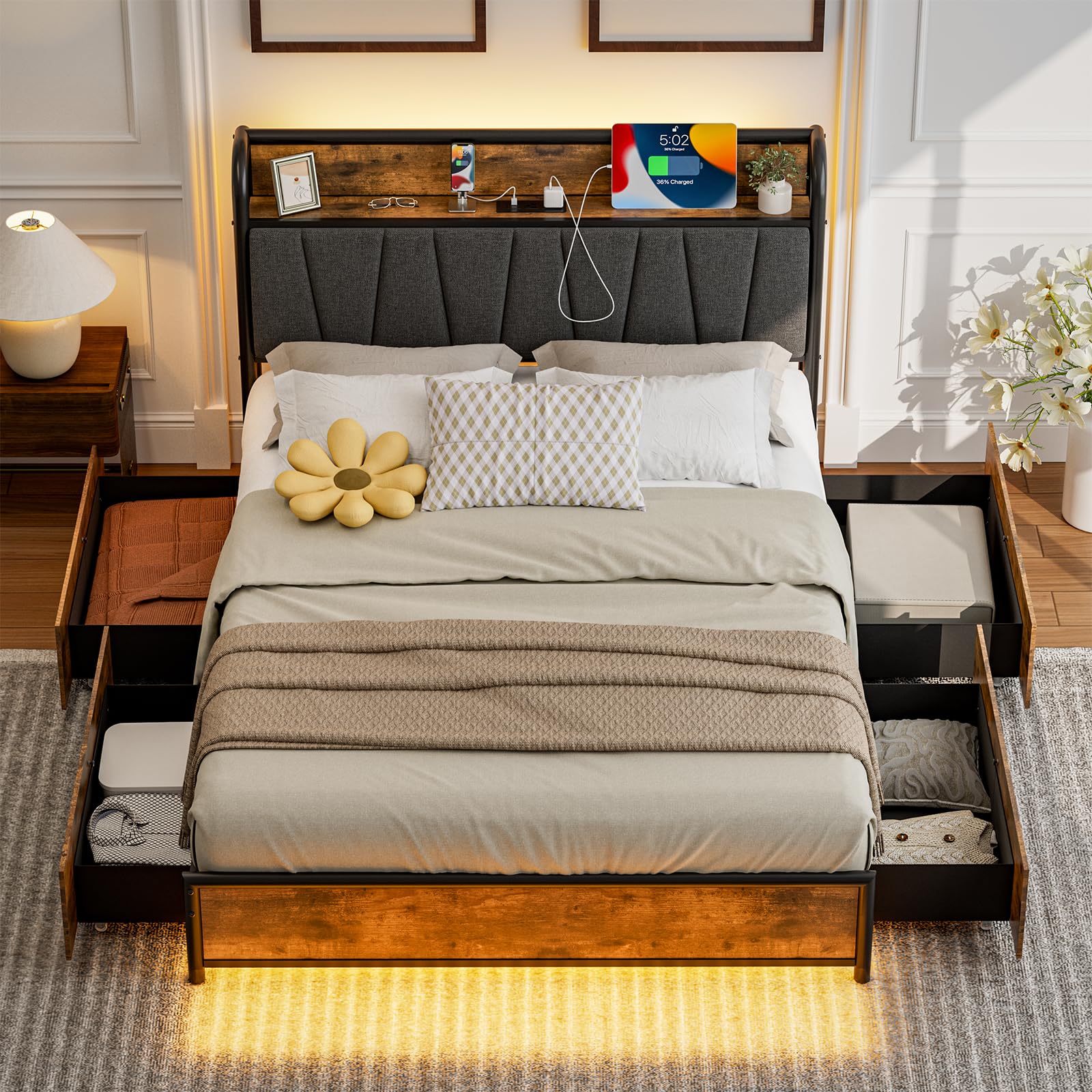 CIKUNASI Queen Size Bed Frame with Headboard and Storage, 4 Drawers Platform Bed Frame Queen Size with Storage Chargin Station LED Light Bed Frame, Heavy Duty