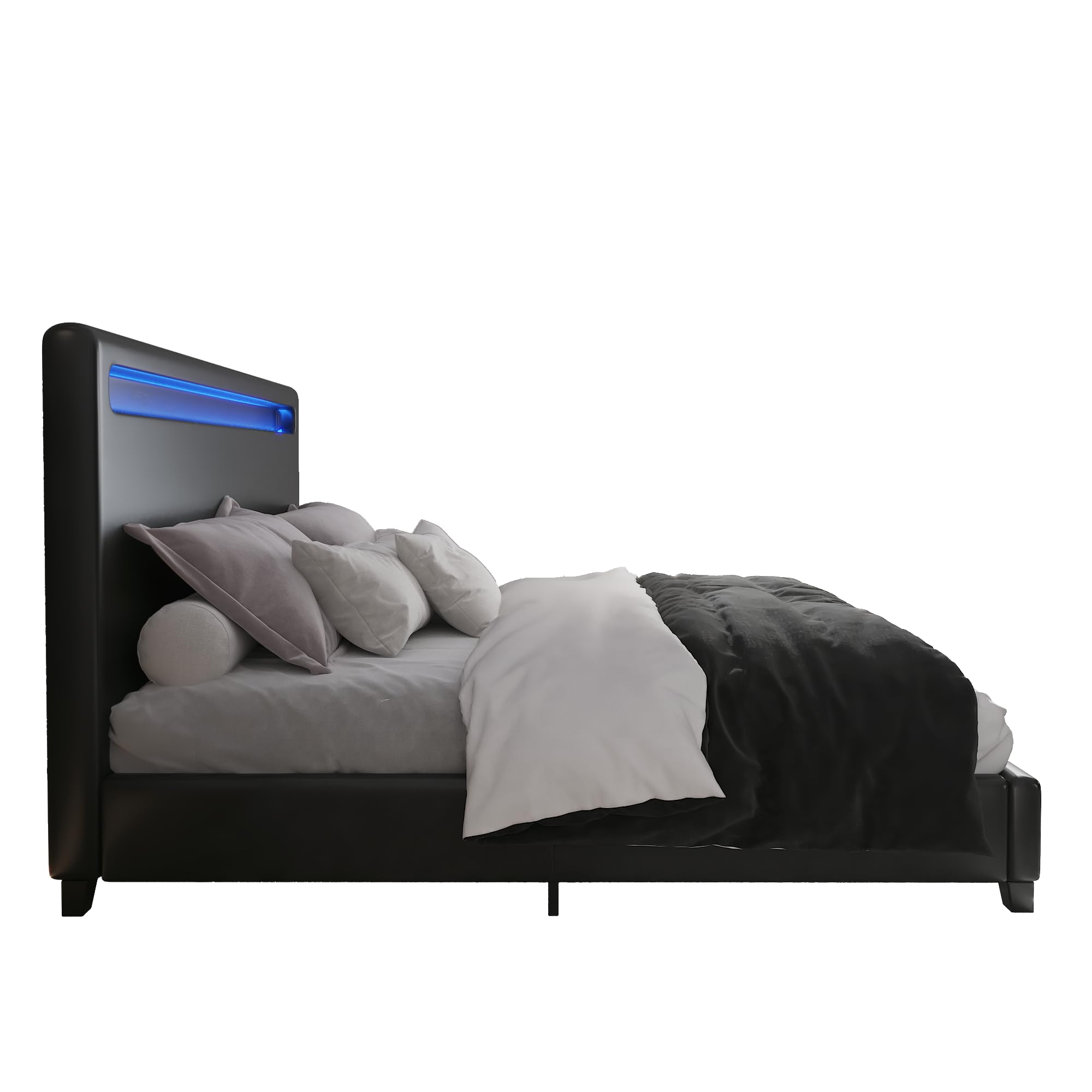 BAOMKONG Queen Size Platform Bed Frame with LED Lighting,Faux Leather Upholstered and Wood Slat Support,No Box Spring Needed, Black
