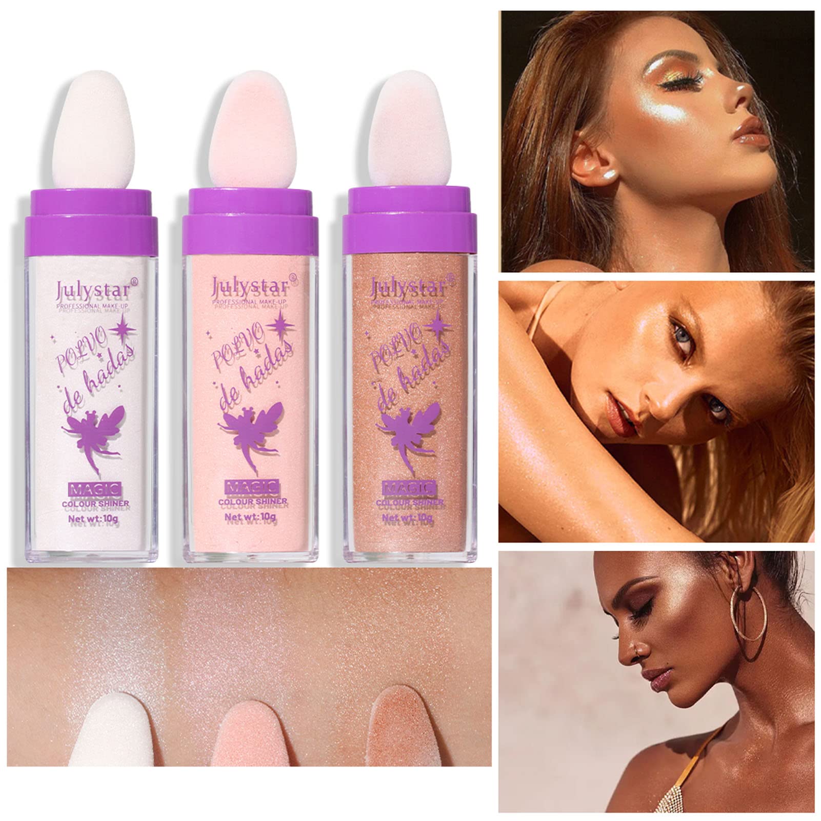 BESDAS Polvo De Hadas Highlighter Powder Stick Makeup,Body Brightens Shimmer Patting Glitter High Gloss for Face Body Lips Eyes(3 Colors) 30 grams