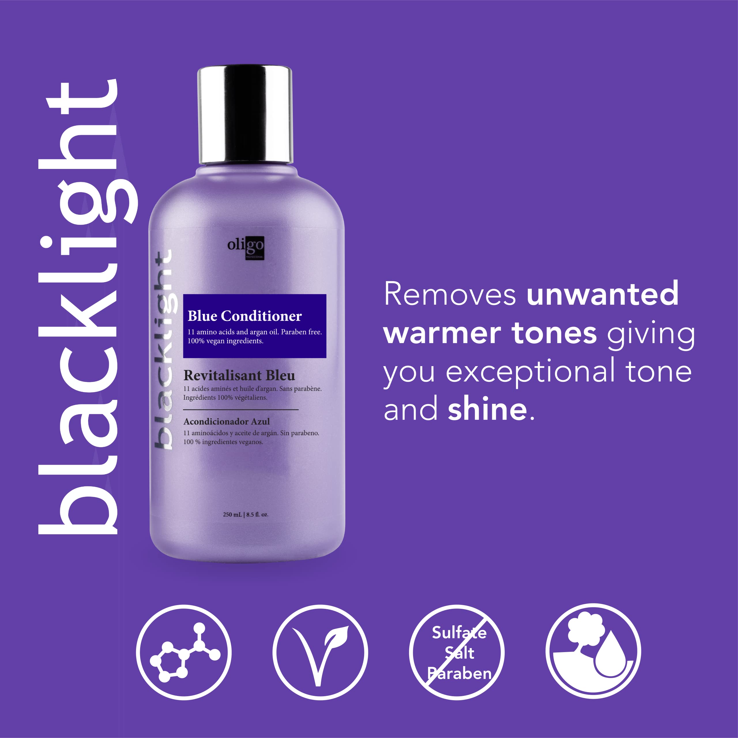 Oligo Professionnel - Blacklight Blue Conditioner for blondes - Vegan - Eliminate Brassy tones - Refresh faded highlights - Argan oil - Hydrating Formula - 8.5oz