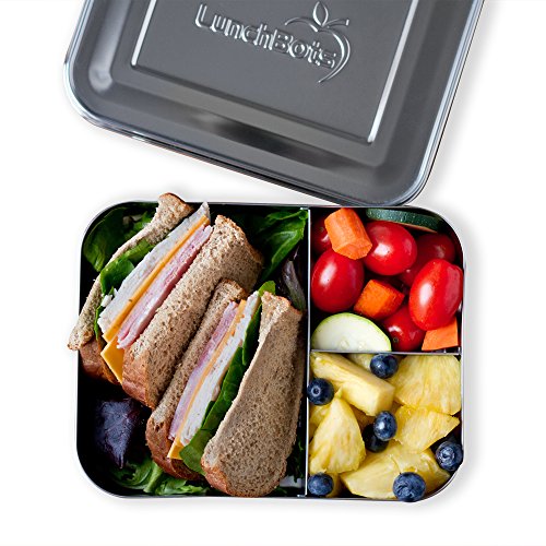 LunchBots Large Trio Stainless Steel Lunch Container -Three Section Design for Sandwich and Two Sides - Metal Bento Lunch Box - Eco-Friendly - Stainless Lid - Staineless Steel