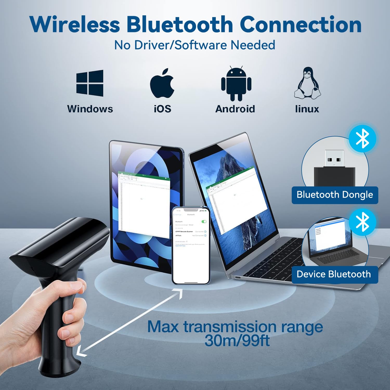 Bluetooth Barcode Scanner, iDPRT 1D 2D QR Wireless Barcode Scanner, Handheld UPC EAN Label Screen Reader with Android iOS Windows, USB Wired, Rechargeable for Retails Supermarket Warehouse Library