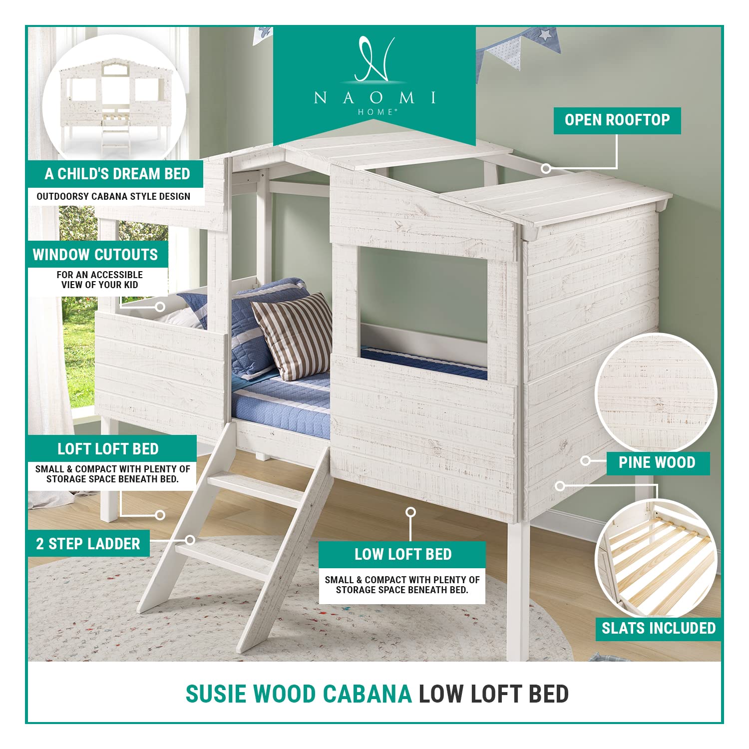 Naomi Home Susie Full Size House Bed for Kids - Cabana Style Solid Pine Wood Bed with Front Windows & Roof, Full Size Loft Bed for Kids with Guard Rails, Perfect for Girls/Boys, Light Gray