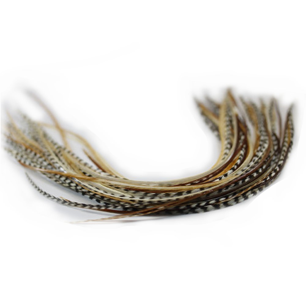 Natural Beige and Brown Feather Hair Extension β Ranging from 8 to 12 Inches, Seven Genuine Rooster Feathers Bonded Together, Includes Two Silicone Micro Beads