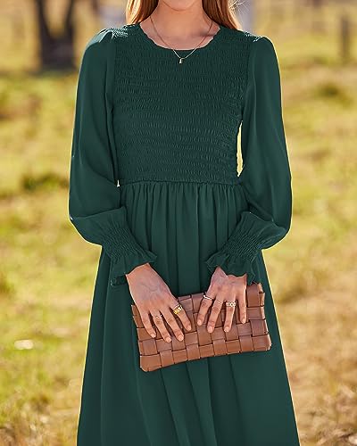 dowerme Women Casual Petal Long Sleeve Crewneck Smocked A-Line Flowy Solid Maxi Dress Fall Winter Party Cocktail Dresses(Solid Dark Green,Small)