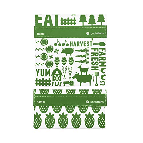 Lunchskins Reusable 2 Piece Food Storage Bag Set, 1 Sandwich Bag + 1 Snack Bag, Green Farm