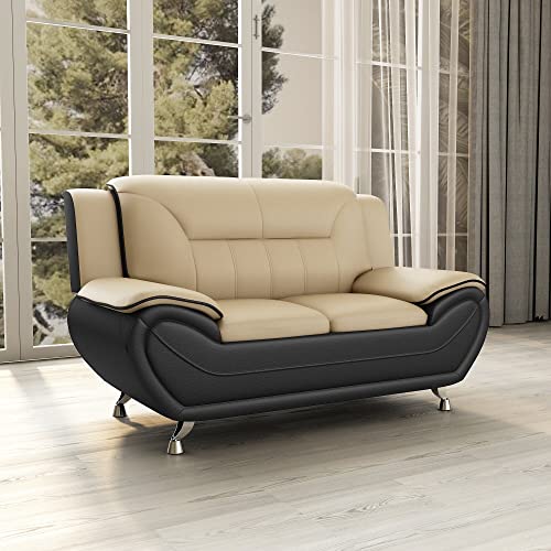 Container Furniture Direct Michael Modern Faux Leather Upholstered Stainless Steel Legs Living Room Loveseat, Camel/Black
