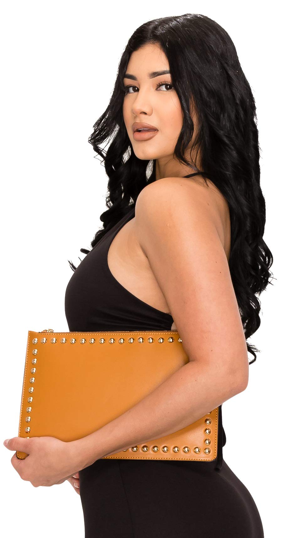 ANYHAN envelop clutch decorated with gold dorm rivets is crafted in beautiful and durable saffiano leather(PU) - Taupe