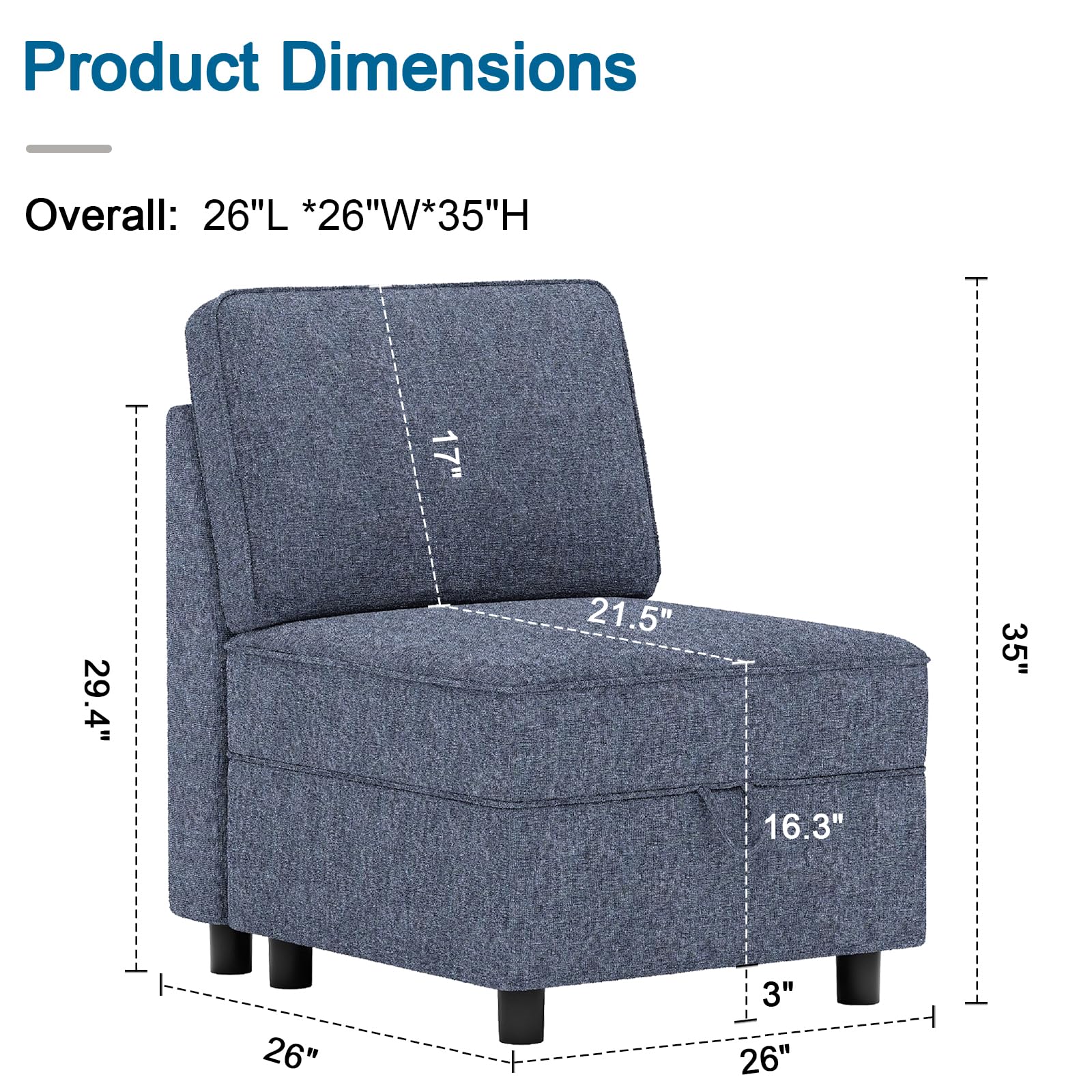beyond SMART Middle Module for Modular Sectional Sofa, Customizable Sectional Sofa Couch，Accent Armless Chair with Storage Seat, Sectional Couches for Living Room,Navy Blue