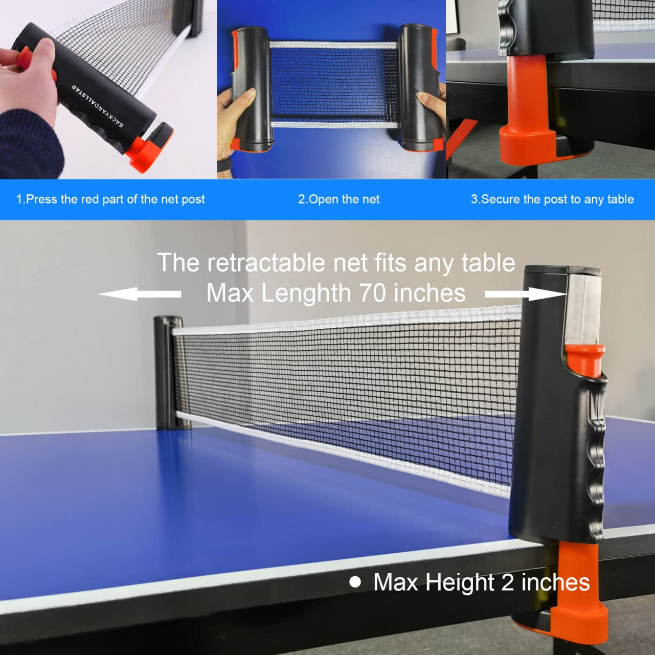 Backyard All Star Retractable Portable Table Tennis Net/Ping Pong Net with Storage Bag to Play Any Table up to 70 inch Wide and 2 inch Thick., Black