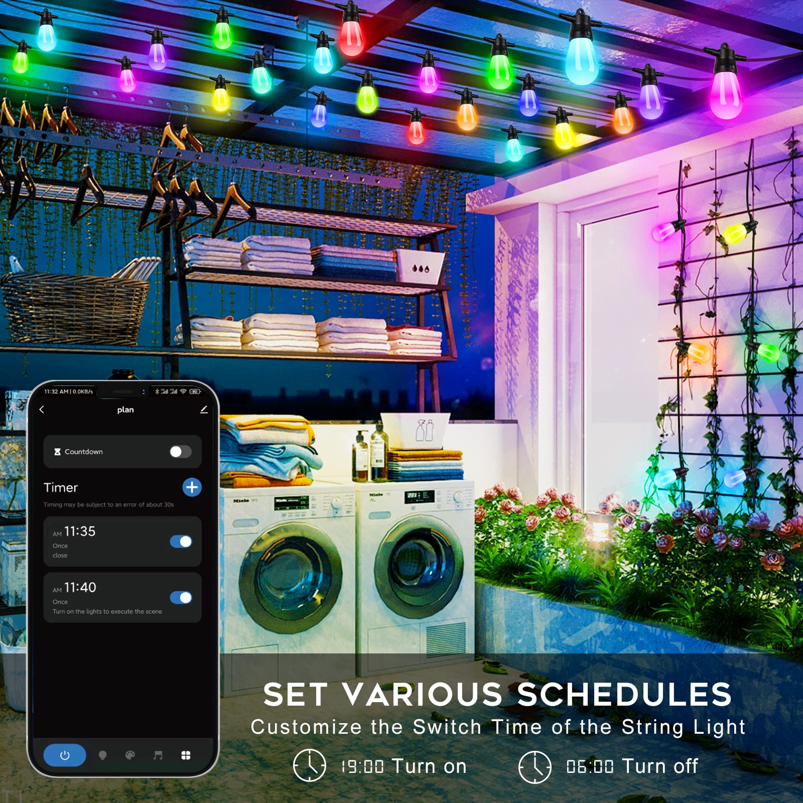 SOVELA Smart Outdoor String Lights, RGB String Lights 48ft 15 LED Bulbs, APP Control Compatible with Alexa, Music Sync Color Changing, Strand for Patio Backyard Garden Porch Wedding Paty