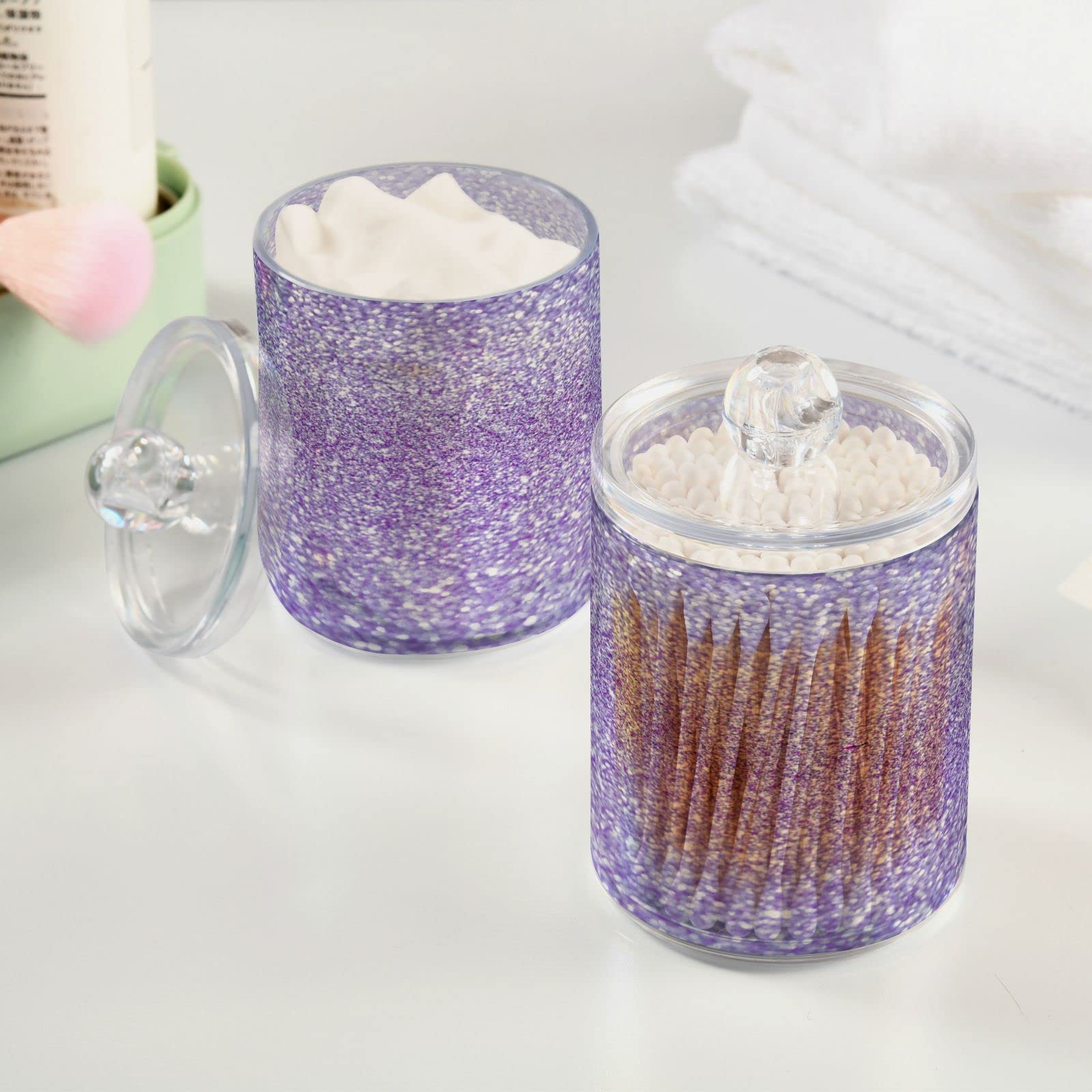 Purple Glitter Qtip Holder Dispenser Girly Bling Bathroom Canister Storage Organization 2 Pack Clear Plastic Apothecary Jars with Lids Vanity Makeup Organizer For Cotton Swab Ball Floss
