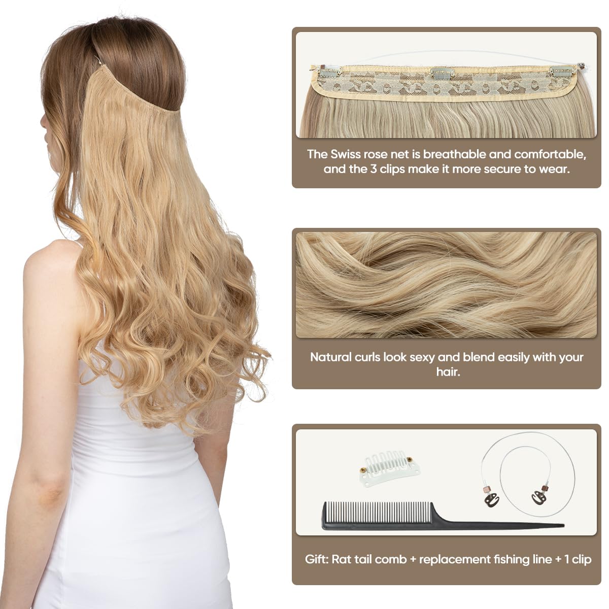 SARLA Invisible Wire Hair Extensions with 3 Clips Long Synthetic Wavy Curly Hairpiece Adjustable Transparent Headband for Women 18 Inch Black Brown