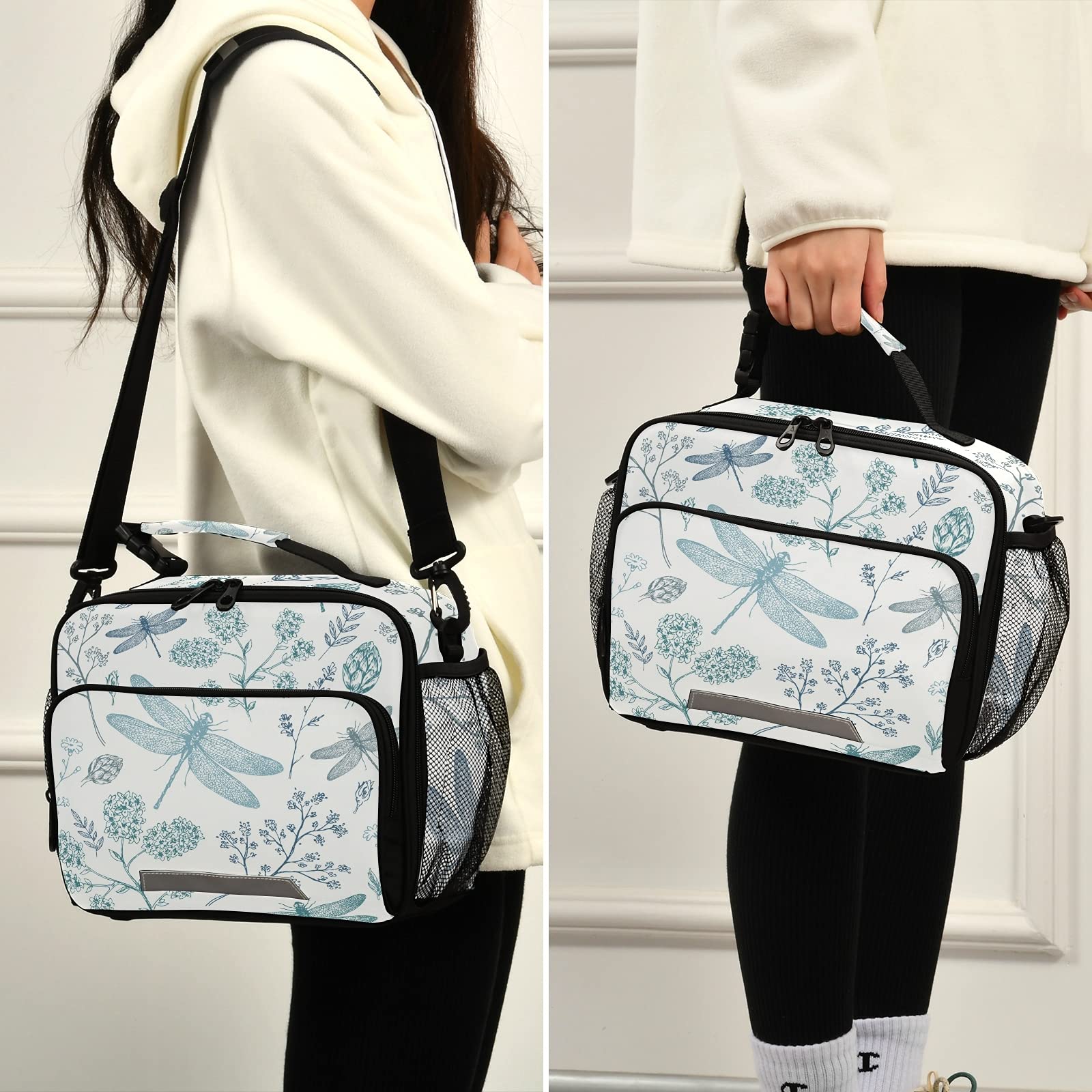 Blueangle Retro Dragonfly Print Insulated Lunch Bag with Detachable Shoulder Strap & Carry Handle, Eco-friendly Cooler Bag Tote Bag,School Lunch Box for Teens,Men,Women