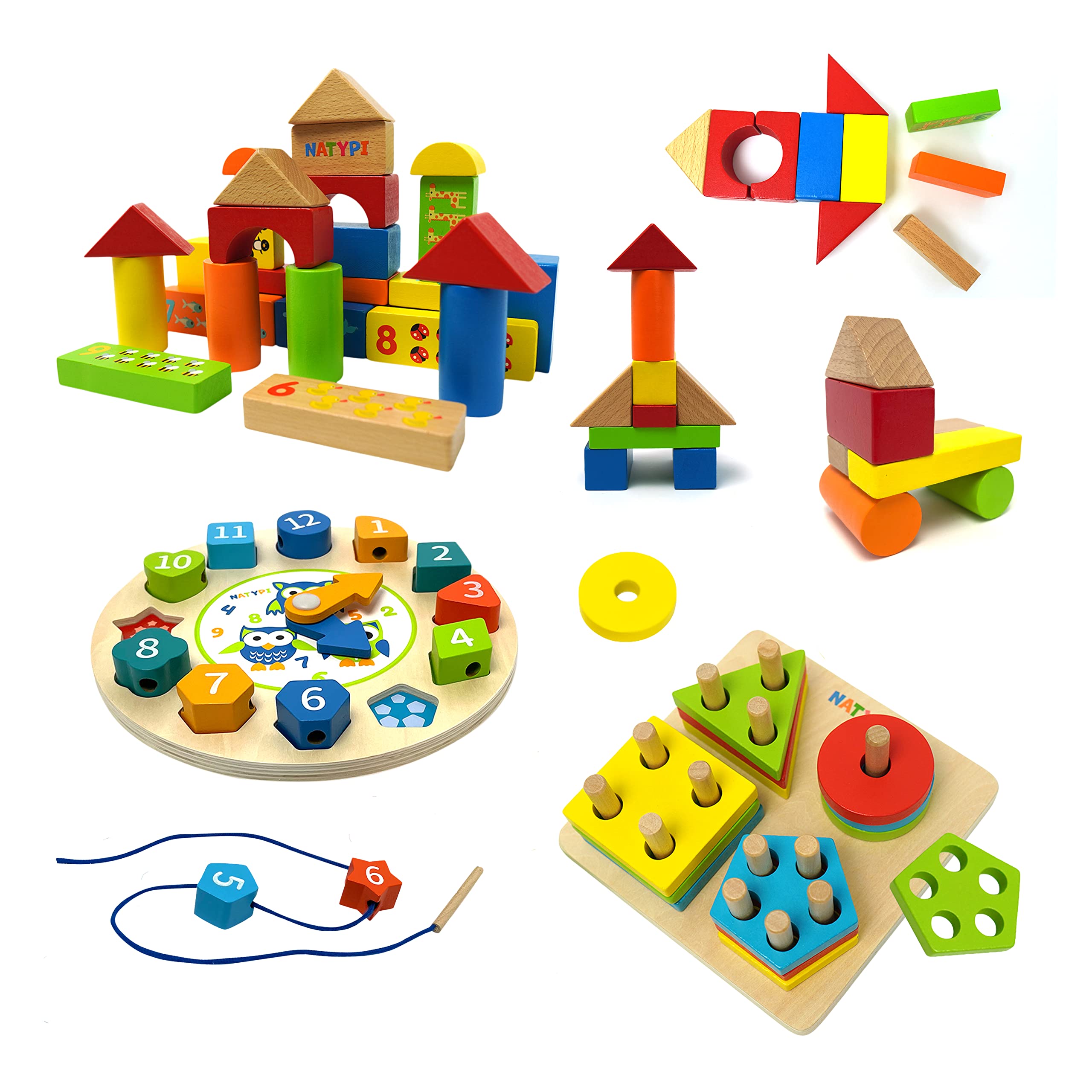 NatyPi Wooden Montessori Educational Preschool Toddler Toys Shape Color Sorting Stacking Building Blocks Learning Puzzle Clock Toys Set Birthday Gift for 2 3 4 Years Old Boys Girls