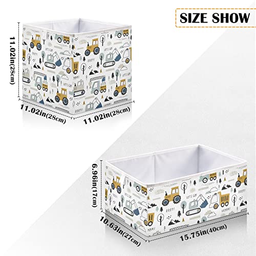 Ollabaky Truck Tractor Bulldozer Excavator Cars Cube Storage Bin, Foldable Fabric Storage Cube Basket Cloth Organizer Box with Handle for Closet Shelves, Nursery Storage Toy Bin - S
