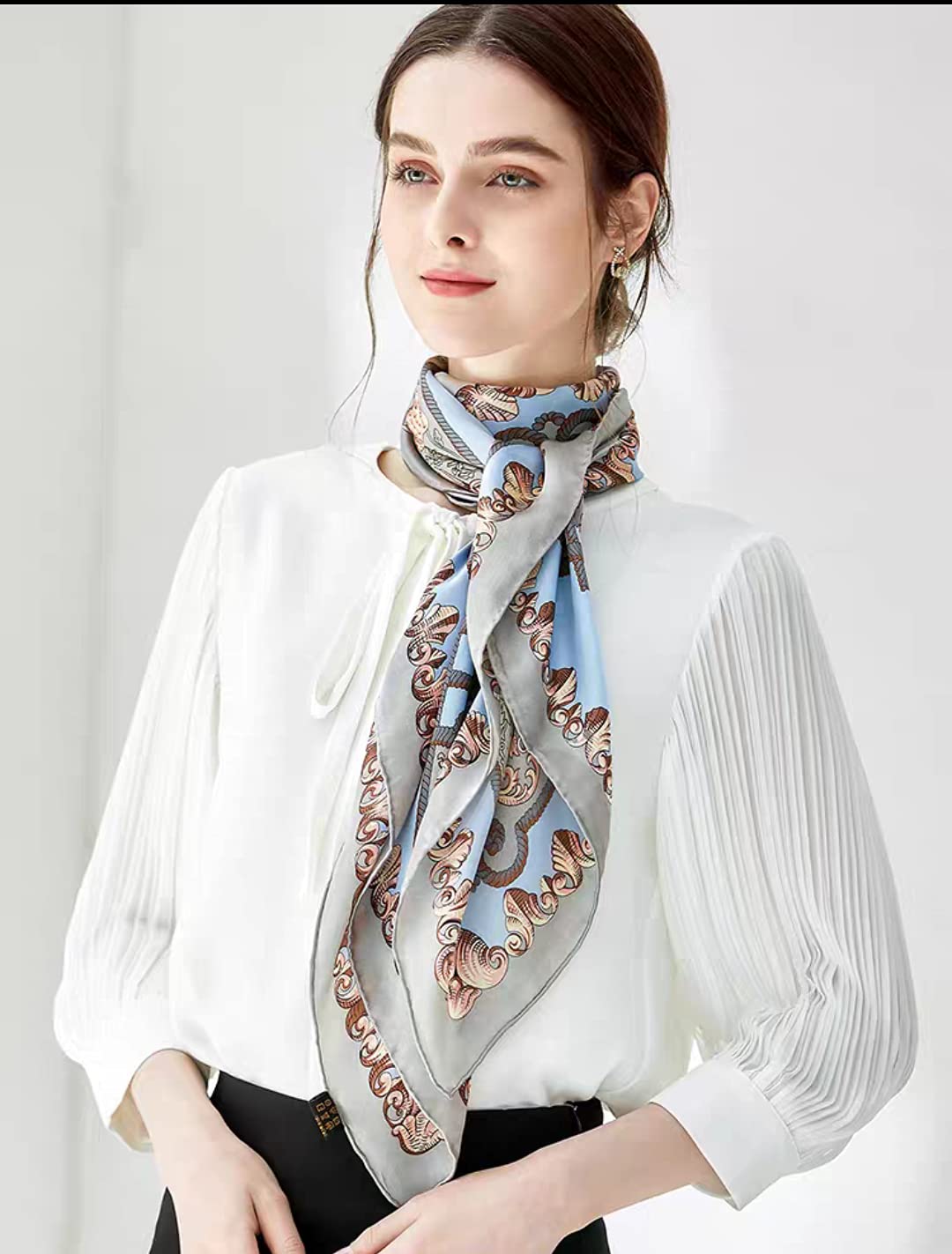 ANDANTINO 100% Pure Mulberry Silk Scarf 43" Large Square Lightweight Headscarf& Shawl–Women Hair Wraps-With Gift Packed (Light Blue)