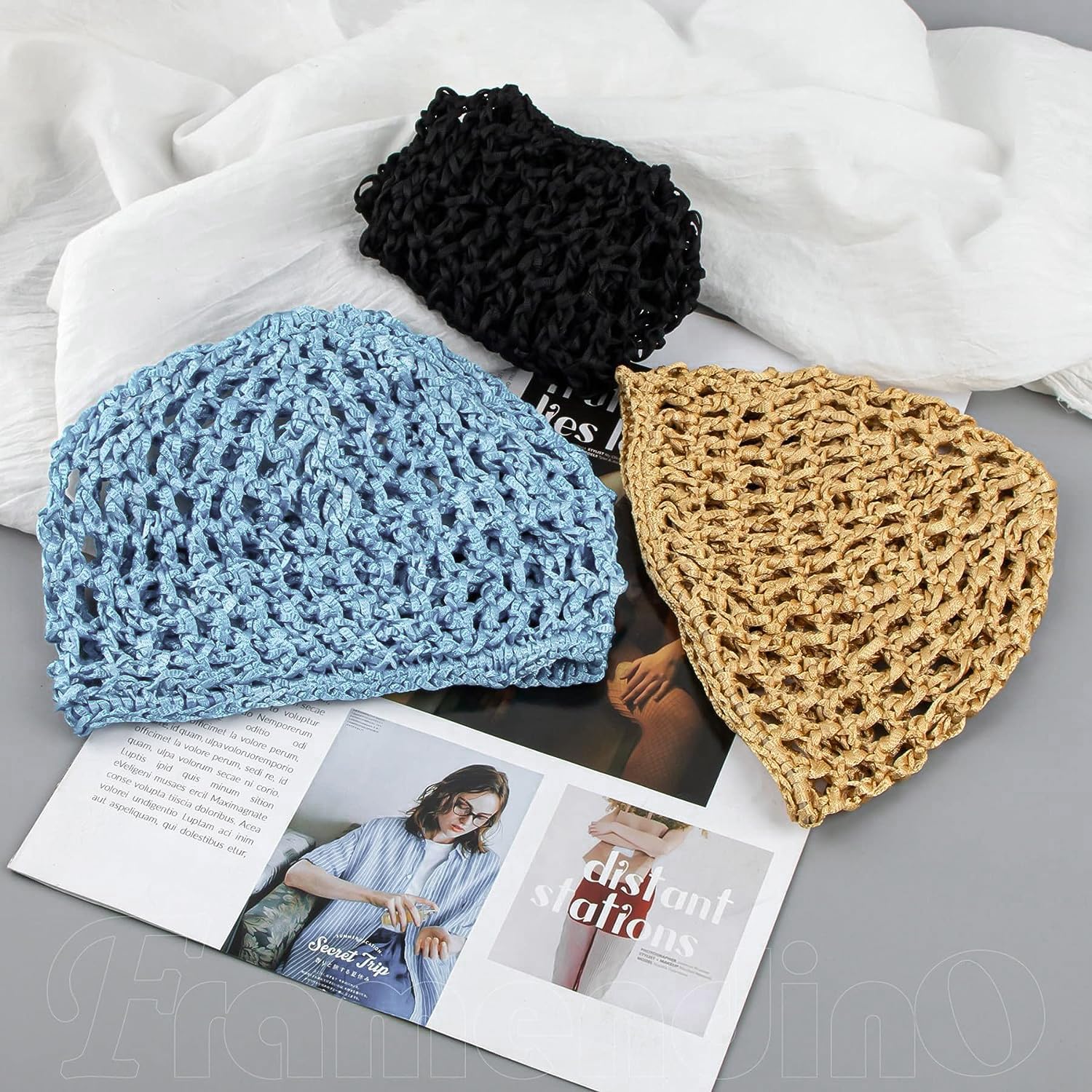 Framendino, 3 Pack Mesh Crochet Hair Net Rayon Knit Snoods Hat Thick Hairnet Snood Cover Ornament for Night Sleeping Hair Accessories (Blue & Black & Khaki)