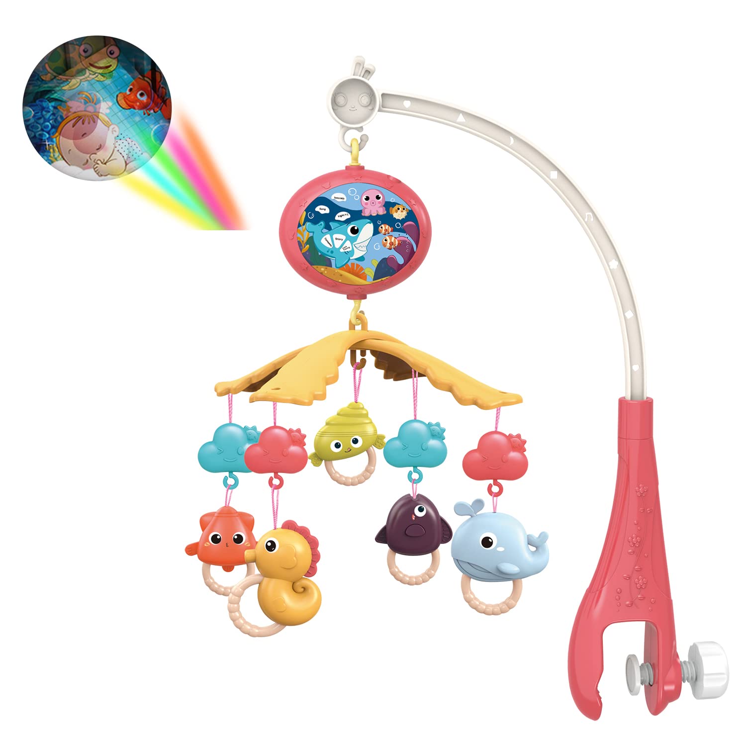 Baby Musical Crib Mobile Bed Bell Crib Bell, Multi-Function Electric Projection Light Music Box with Lullaby, Ocean Animals 360°Hanging Rotating Teether Rattle Toys(Red)