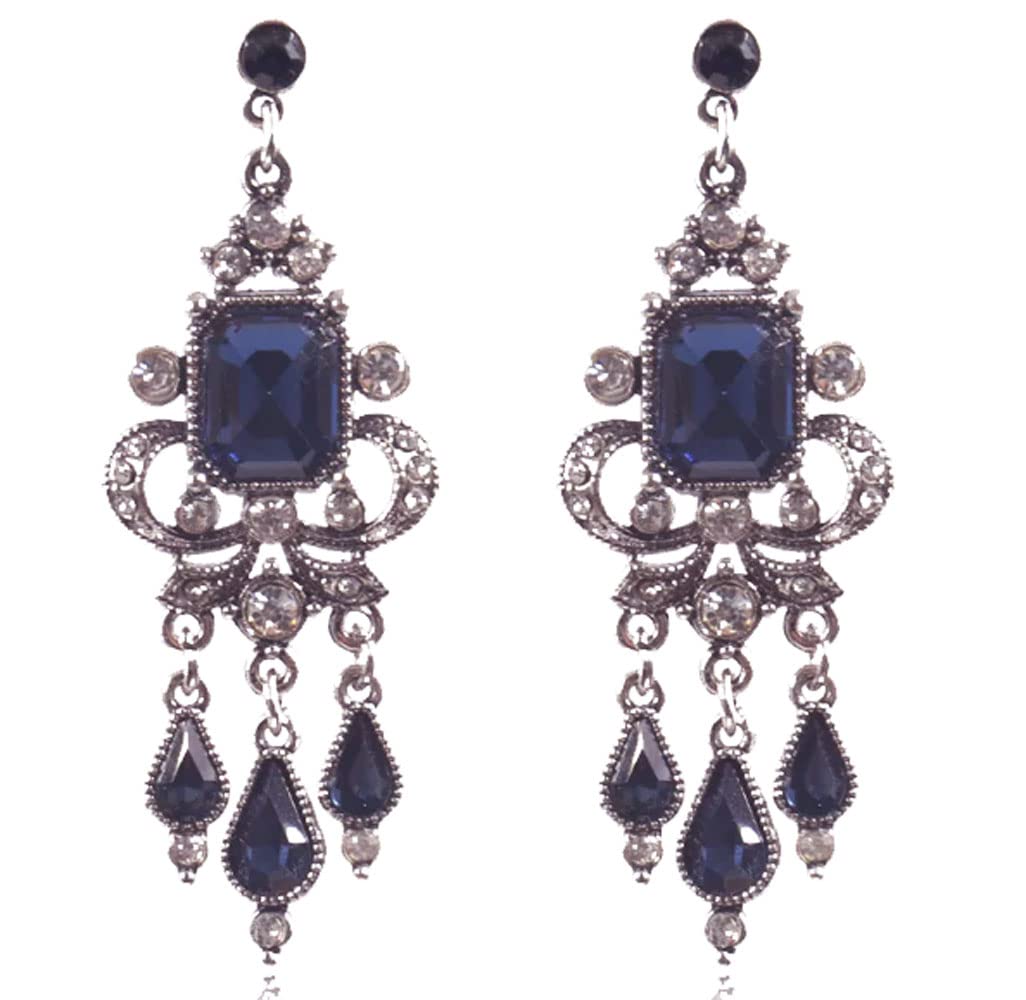 Art Deco Victorian Edwardian Antique Vintage Style Blue Sapphire Rhinestone Long Dangle Wedding Bridal Prom Earrings