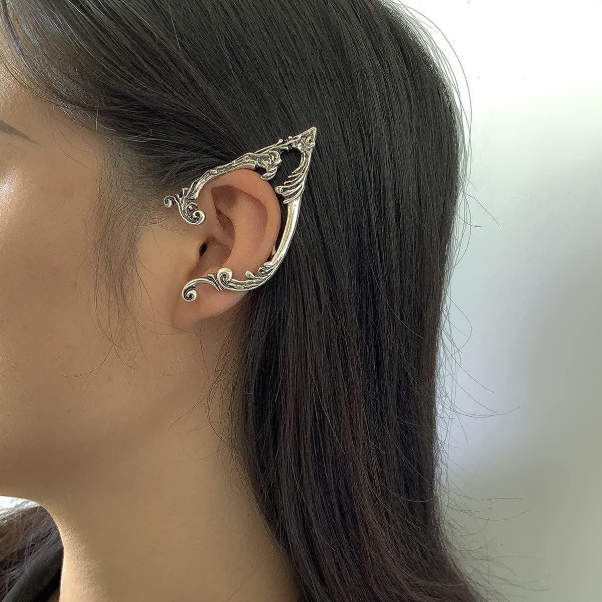 Asphinien Gothic Elves Ear Cuff 2pcs Piercing Cartilage Climber Ear Wrap Retro Silver Stud Earrings Punk Hip Hop Clip on Statement Earrings Gift for Women