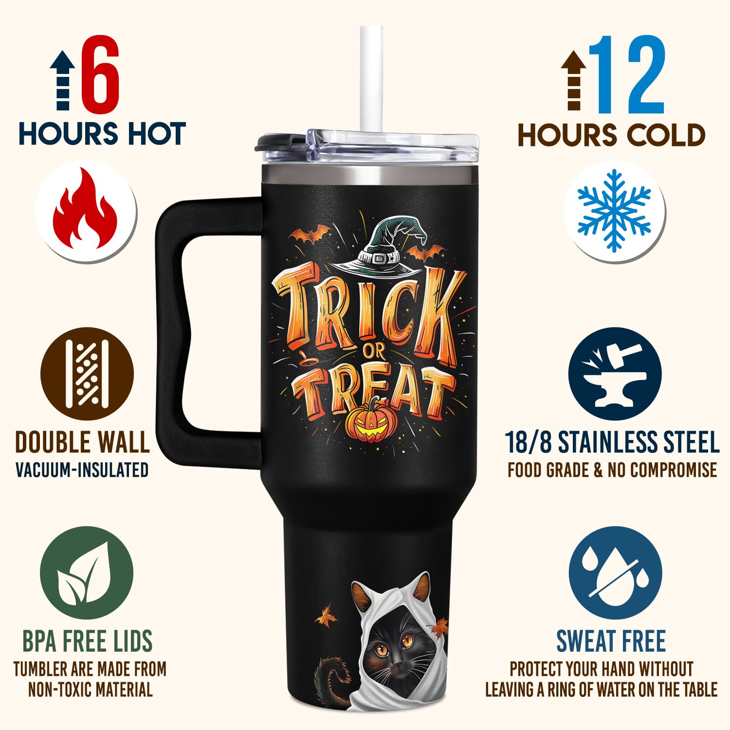 Black Cat Gifts - Gifts For Cat Lovers, Cat Mom - Cat Spooky For Halloween - Halloween Cup - Black Cat Tumbler 40oz With Handle