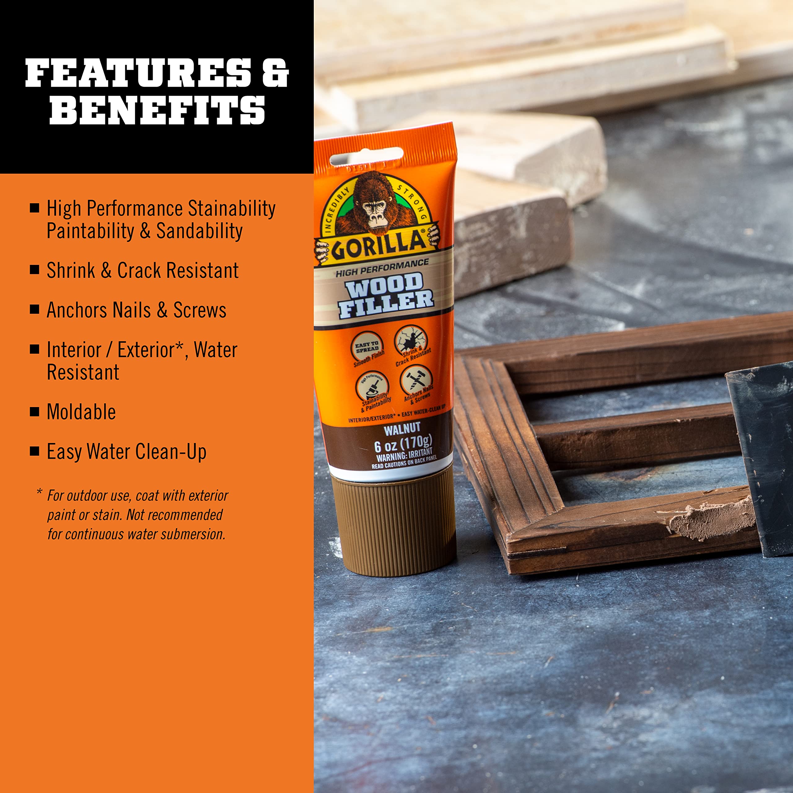 Gorilla All Purpose Wood Filler, 6oz Tube, Walnut (Pack of 1)