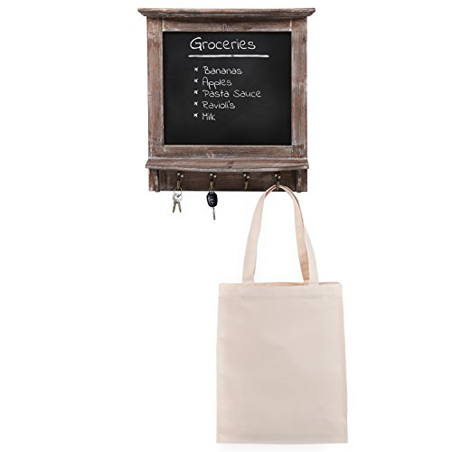 MyGift® Wall Mount Country Rustic Brown Wood Framed Memo Chalkboard Wall Organizer with 4 Key Hooks