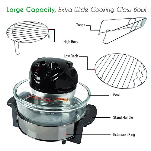 Nutrichef Convection Countertop Toaster Oven - Healthy Kitchen Glass Air Fryer Roaster Oven, Bake, Grill, Steam Broil, & Roast - Includes Glass Bowl, Broil Rack, & Toasting Rack - 18 Quart Capacity