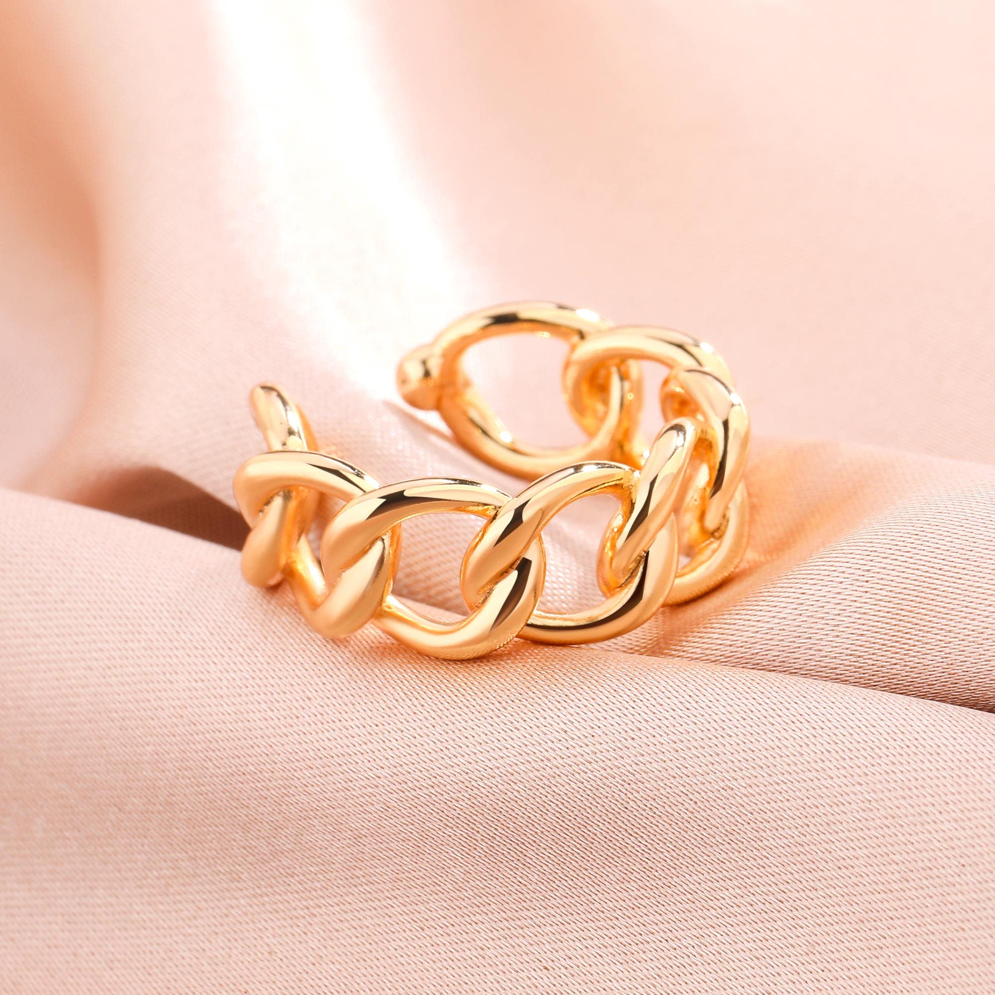 BFACCIA 14K Gold Plated Chunky Dome Ring for Women Minimalist Adjustable Open Link Twisted Teardrop Stacking Band Statement Thick Ring Jewelry Gift