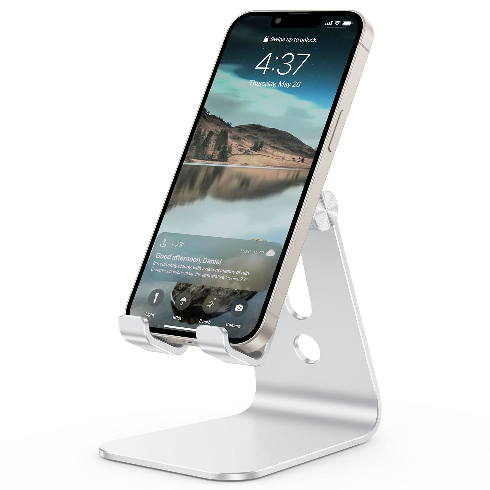 OMOTON C3 Cell Phone Stand for Desk, Larger and Exceptionally Stable, Adjustable Phone Cradle Holder with Bigger Body & Longer Arm, Compatible with iPhone 14, Tablets (7-10") and More, Silver