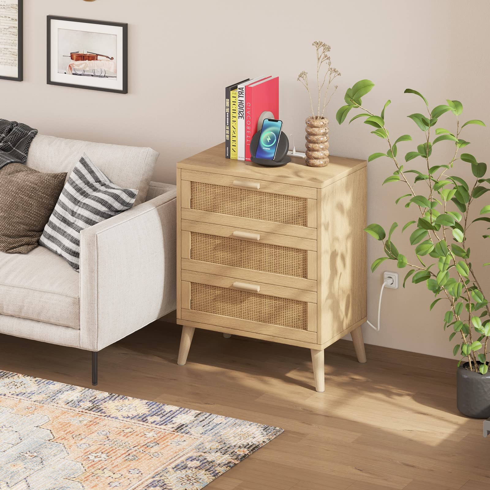 Irontar Rattan Nightstand with Charging Station, Night Stand with 3 Large Rattan Drawers, Accent End Table, Bedside Table with Solid Wooden Legs for Bedroom, Natural BZZ006ME