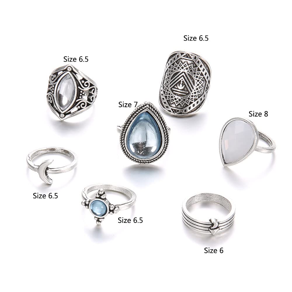 Asphire 7pcs Bohemian Joint Knuckle Rings Set Opal Gemstone Stackable Midi Ring Band Vintage Carved Geometric Finger Rings Sapphire Chunky Ring Pack for Women (Style 5)