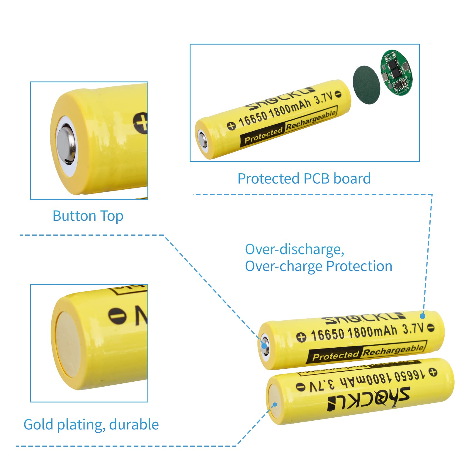 funkawa (2- Pack) Shockli 16650 1800mAh Rechargeable 3.7V Batteries[ Replacement for 2 x CR123 ] - Protected Battery