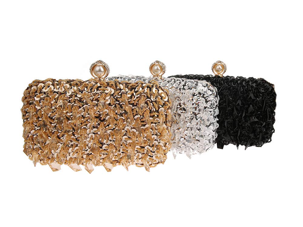 ASPHODELCHIC Women Sequins Rhinestone Evening Bag Beaded Crystal Bling Glitter Purse with Pearl Lock for Wedding Party (Black)