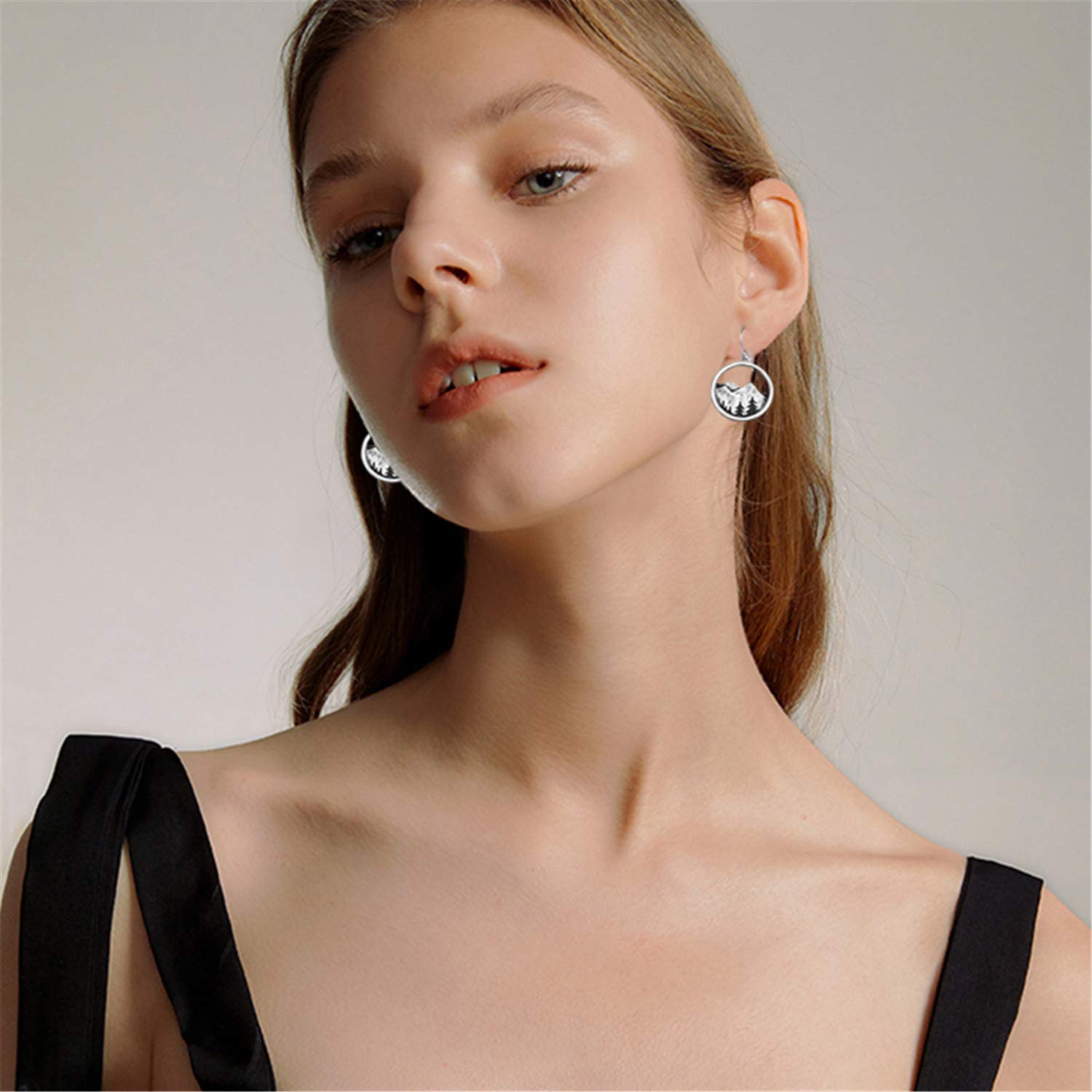 ANDPAI Unique Handmade Vintage Retro Silver Mountain Dangle Drop Earrings with Tree Pattern for Women Statement Outdoor Enthusiast Jewelry Gifts (Silver)