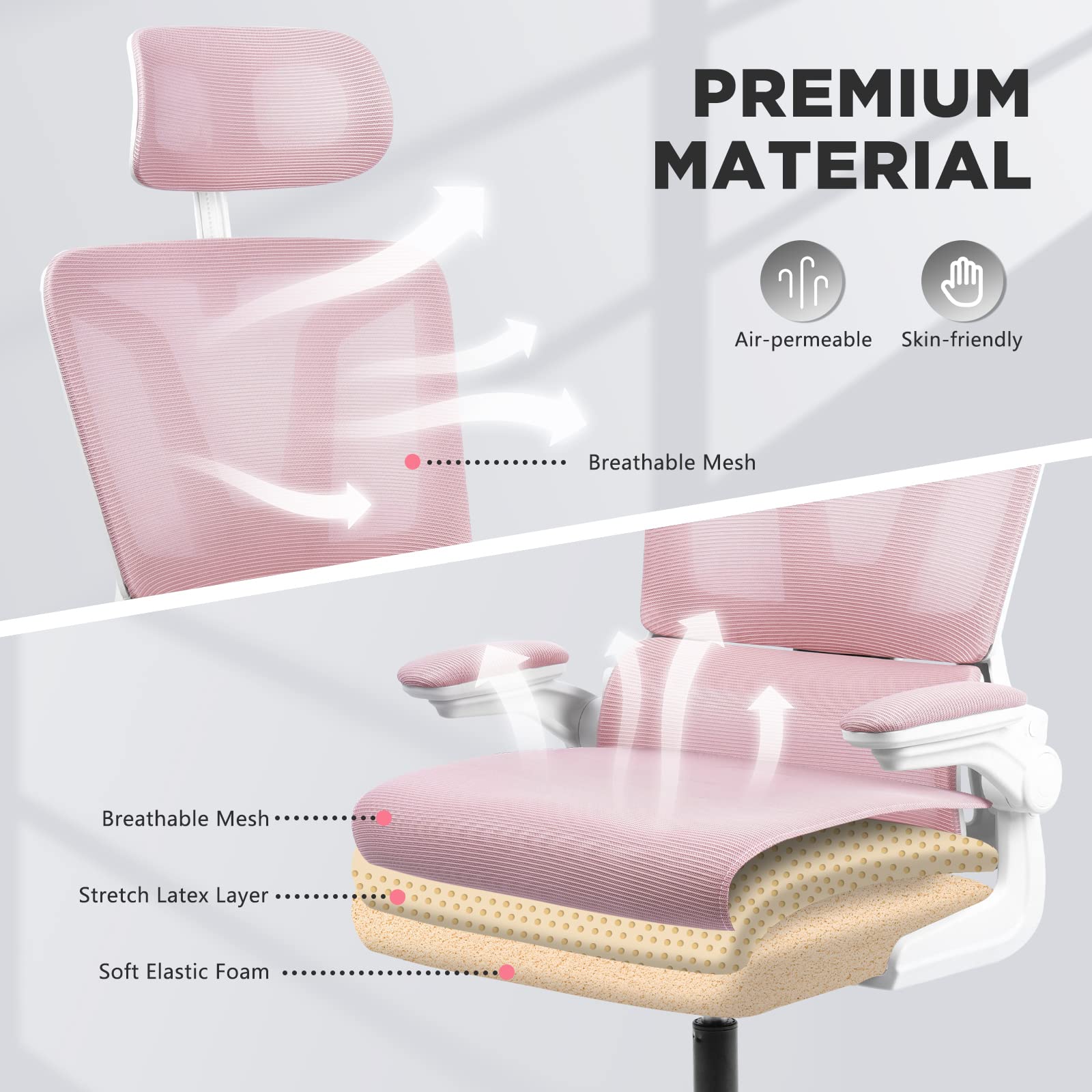 Soontrans Pink Ergonomic Office Chair with Lumbar Support Pillow, Mesh Office Chair with Adjustable Arms & Headrest, Rocking Office Desk Chair, Comfortable Ergonomic Chair