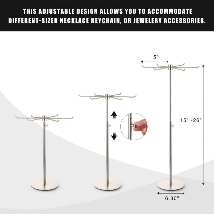 bjewego Rotating Keychain Display Stand - Height-adjustable Brushed Silver Metal Jewelry Organizer - Long Necklace Display Stand with 6 Hook - Scratch-resistant Display Racks for Craft Shows
