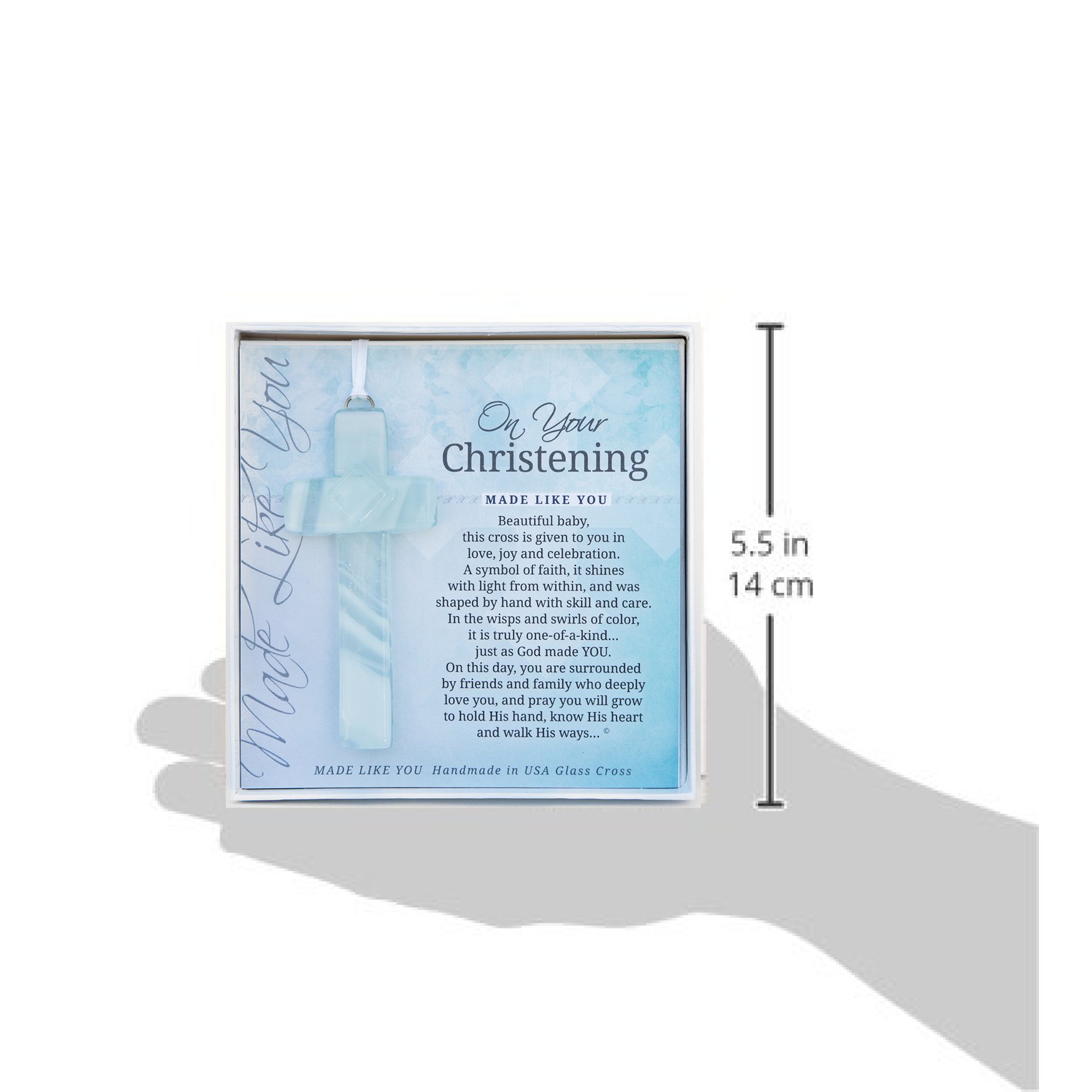 On Your Christening, Beautiful Baby Aqua/Clear Handmade Glass Cross Keepsake Gift