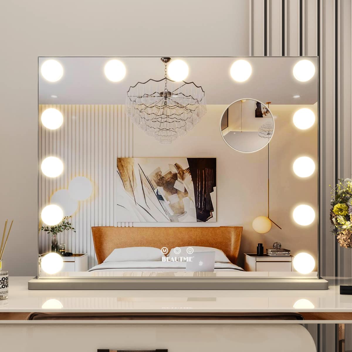 BEAUTME Vanity Mirror Hollywood Mirror with Lights,Led Makeup Mirror with Magnifying Mirror Bedroom Table Mirror/Wall Mounted Mirror Big