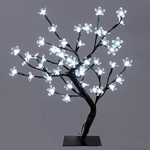 Lxcom Lighting LED Cherry Blossom Bonsai Tree 18” 48 LEDs Plug-in Desk Top Bonsai Lighted Tree Artificial Crystal Flower Light Table Lamp Adjustable Black Branches for Party Wedding Home Decor, White