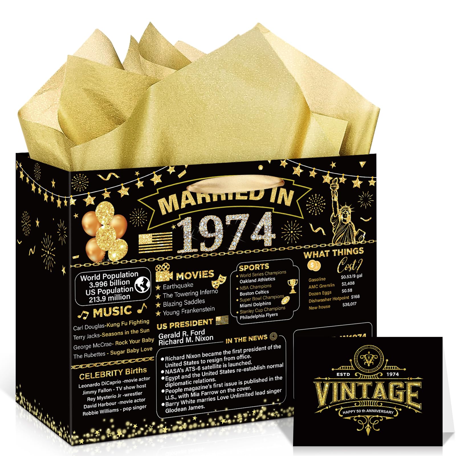 Black Gold Vintage 50th Anniversary Paper Gift Bag Married in 1974 Gift Bag with Tissue Papers and Card, 50th Wedding Anniversary Paper Gift Wrapping Bag for 50th Golden Wedding Anniversary Decor