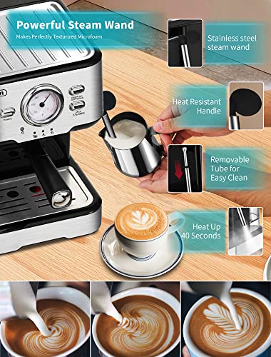 Gevi Espresso Machine 15 Bar Pump Pressure, Cappuccino Coffee Maker with Milk Foaming Steam Wand for Latte, Mocha, Cappuccino, 1.5L Water Tank (Tibetan Black)