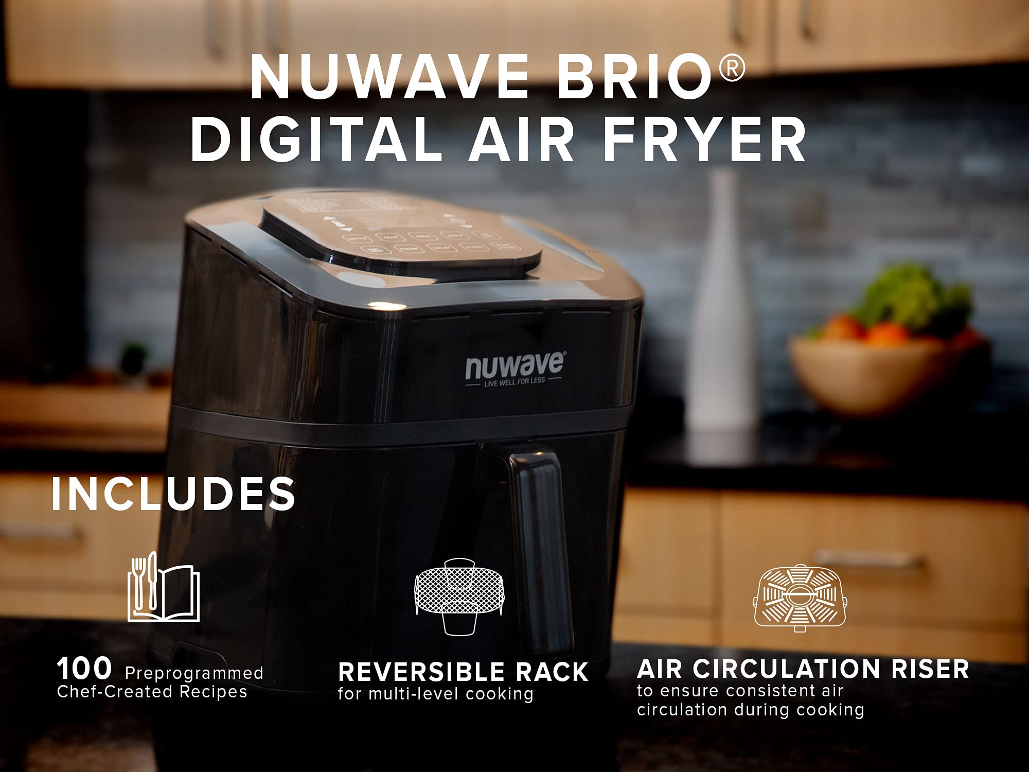 NUWAVE Brio 7-in-1 Air Fryer Oven, 7.25-Quart with One-Touch Digital Controls, Non-Stick Air Circulation Riser & Reversible Rack Included