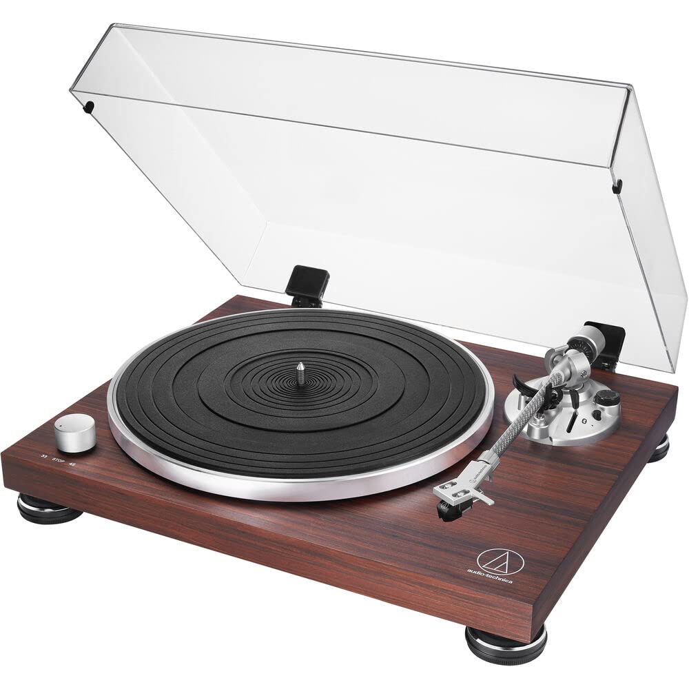 Audio-Technica AT-LPW50BT-RW Bluetooth Turntable Manual Belt-Drive 33/45 (Rosewood) Bundle with Deco Gear 12" Turntable Platter Mat, Vinyl Record Cleaning Fluid System with Brush & Microfiber Cloth